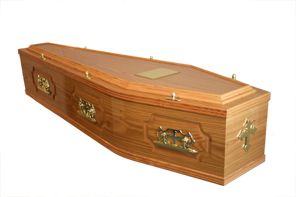 Veneered Oak Coffin with panelled sides and raised lid - FC Douch ...